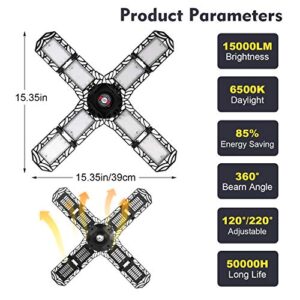 2 Pack LED Garage Light,Super Bright Screw in E26/E27 Ceiling Shop Work Lamp, 150W 15000 Lumen Deformable Basement Bulb Fixture with 8 Adjustable Panels, Commercial Bay Lighting for Workshop, Attic