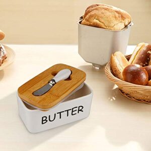 Porcelain Butter Dish with Bamboo Lid and Knife Airtight Silicone Sealing Butter Container is Good for Kitchen, Baking and Gift