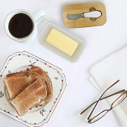 Porcelain Butter Dish with Bamboo Lid and Knife Airtight Silicone Sealing Butter Container is Good for Kitchen, Baking and Gift