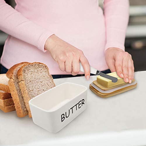 Porcelain Butter Dish with Bamboo Lid and Knife Airtight Silicone Sealing Butter Container is Good for Kitchen, Baking and Gift