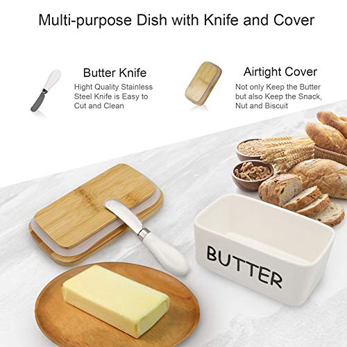 Porcelain Butter Dish with Bamboo Lid and Knife Airtight Silicone Sealing Butter Container is Good for Kitchen, Baking and Gift