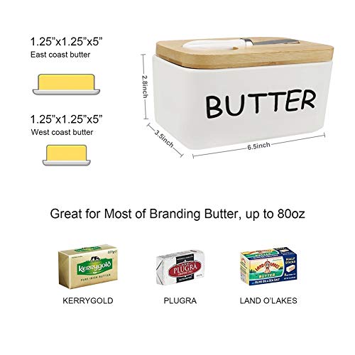 Porcelain Butter Dish with Bamboo Lid and Knife Airtight Silicone Sealing Butter Container is Good for Kitchen, Baking and Gift