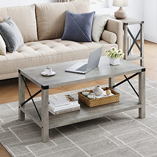 IDEALHOUSE Rectangle Coffee Table 2-Tier Farmhouse Coffee Table for Living Room Industrial Wood Look Grey Tea Table with Easy Assembly Accent Storage Shelf and X Metal Frame