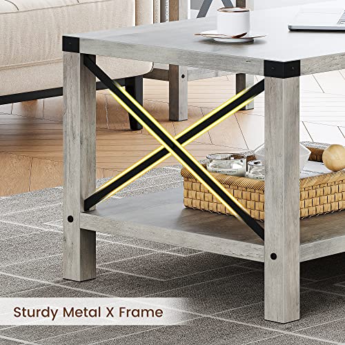 IDEALHOUSE Rectangle Coffee Table 2-Tier Farmhouse Coffee Table for Living Room Industrial Wood Look Grey Tea Table with Easy Assembly Accent Storage Shelf and X Metal Frame