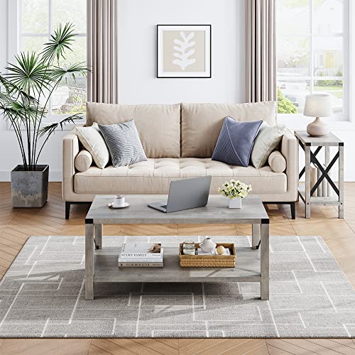 IDEALHOUSE Rectangle Coffee Table 2-Tier Farmhouse Coffee Table for Living Room Industrial Wood Look Grey Tea Table with Easy Assembly Accent Storage Shelf and X Metal Frame