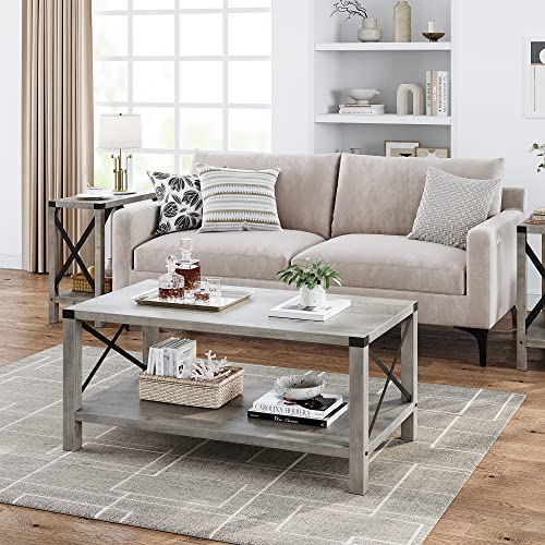 IDEALHOUSE Rectangle Coffee Table 2-Tier Farmhouse Coffee Table for Living Room Industrial Wood Look Grey Tea Table with Easy Assembly Accent Storage Shelf and X Metal Frame