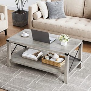 IDEALHOUSE Rectangle Coffee Table 2-Tier Farmhouse Coffee Table for Living Room Industrial Wood Look Grey Tea Table with Easy Assembly Accent Storage Shelf and X Metal Frame