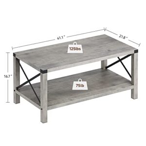 IDEALHOUSE Rectangle Coffee Table 2-Tier Farmhouse Coffee Table for Living Room Industrial Wood Look Grey Tea Table with Easy Assembly Accent Storage Shelf and X Metal Frame