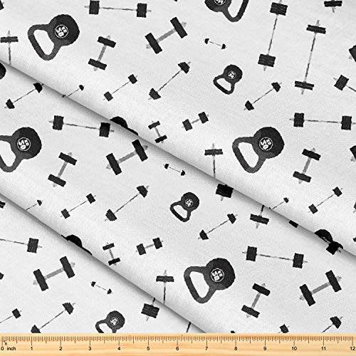 Fabric by The Yard [ 58" inches x 1 Yard ] Decorative Fabric for Sewing Quilting Apparel Crafts Home Decor Accents (Sports Equipment Fitness Gym Barbells Pattern)