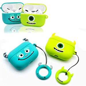 airpods pro case,blue monster and green-eyed monster,3d cute cartoon case,shockproof soft silicone charging case,designed for couples(2 pack)