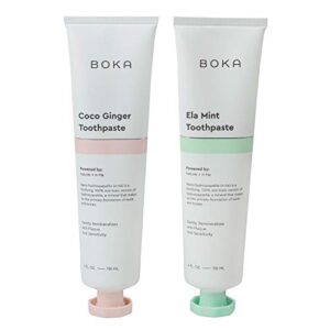 boka ela mint and coco ginger toothpaste, nano-hydroxyapatite for remineralizing, sensitivity and whitening, fluoride-free, dentist recommended for kids and adults, made in usa, 4oz (pack of 2)