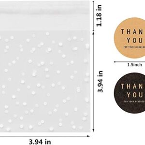 400PCS White Polka Dot Treat Bags Self Adhesive Candy Cookie Bags, 200 Clear Cellophane Bags + 200 Thank You Sticker for Bakery Biscuit Snacks Dessert,3.94x3.94Inches