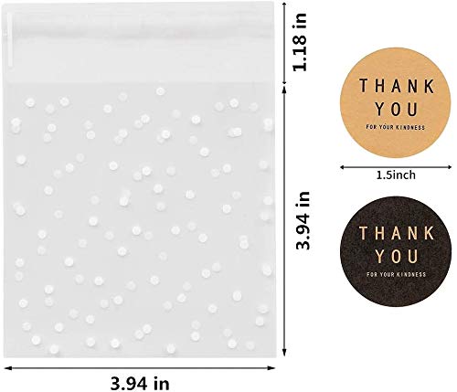 400PCS White Polka Dot Treat Bags Self Adhesive Candy Cookie Bags, 200 Clear Cellophane Bags + 200 Thank You Sticker for Bakery Biscuit Snacks Dessert,3.94x3.94Inches