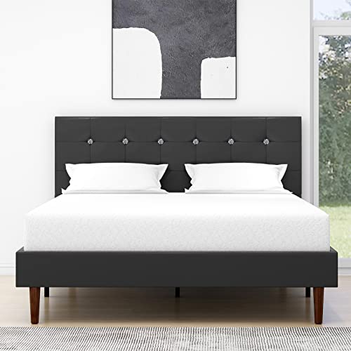 Yegee Queen Size Platform Bed Frame, Linen Faux Leather Wrap with Crystal-Button Tufted Headboard, Strong Frame and Wooden Slats Support, No Box Spring Needed, Non-Slip and Noise-Free, Easy Assembly