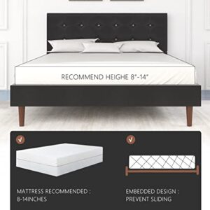 Yegee Queen Size Platform Bed Frame, Linen Faux Leather Wrap with Crystal-Button Tufted Headboard, Strong Frame and Wooden Slats Support, No Box Spring Needed, Non-Slip and Noise-Free, Easy Assembly