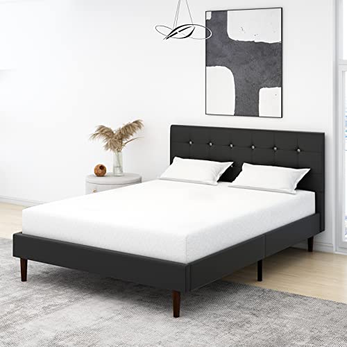 Yegee Queen Size Platform Bed Frame, Linen Faux Leather Wrap with Crystal-Button Tufted Headboard, Strong Frame and Wooden Slats Support, No Box Spring Needed, Non-Slip and Noise-Free, Easy Assembly