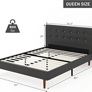 Yegee Queen Size Platform Bed Frame, Linen Faux Leather Wrap with Crystal-Button Tufted Headboard, Strong Frame and Wooden Slats Support, No Box Spring Needed, Non-Slip and Noise-Free, Easy Assembly