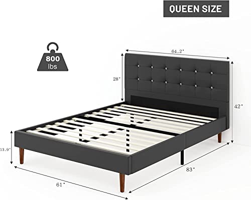 Yegee Queen Size Platform Bed Frame, Linen Faux Leather Wrap with Crystal-Button Tufted Headboard, Strong Frame and Wooden Slats Support, No Box Spring Needed, Non-Slip and Noise-Free, Easy Assembly