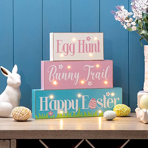 Glitzhome LED Lighted Wooden/Metal Block with Sayings Egg Hunt, Trail, Happy Easter Bunny Holiday Decorations Signs, Multi-Color