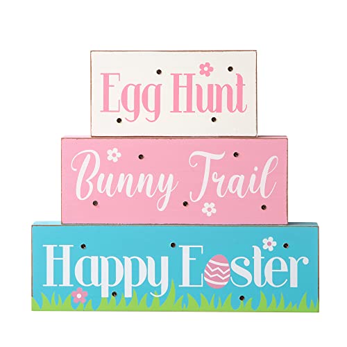 Glitzhome LED Lighted Wooden/Metal Block with Sayings Egg Hunt, Trail, Happy Easter Bunny Holiday Decorations Signs, Multi-Color