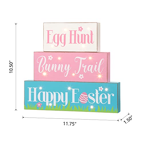 Glitzhome LED Lighted Wooden/Metal Block with Sayings Egg Hunt, Trail, Happy Easter Bunny Holiday Decorations Signs, Multi-Color