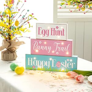 Glitzhome LED Lighted Wooden/Metal Block with Sayings Egg Hunt, Trail, Happy Easter Bunny Holiday Decorations Signs, Multi-Color