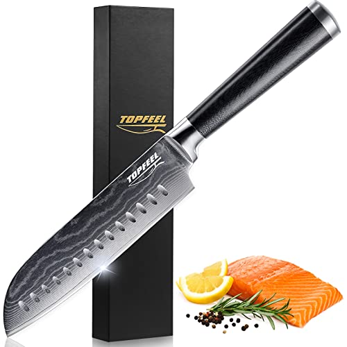 Damascus Santoku Knife 7 Inch, VG-10 67 Layer Damascus Steel Japanese Knife, Razor Sharp Kitchen Knife with Solid G10 Handle, Professional Cooking Knife with Gift Box