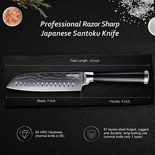 Damascus Santoku Knife 7 Inch, VG-10 67 Layer Damascus Steel Japanese Knife, Razor Sharp Kitchen Knife with Solid G10 Handle, Professional Cooking Knife with Gift Box