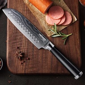 Damascus Santoku Knife 7 Inch, VG-10 67 Layer Damascus Steel Japanese Knife, Razor Sharp Kitchen Knife with Solid G10 Handle, Professional Cooking Knife with Gift Box