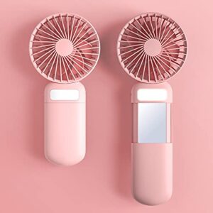 mini handheld fan, portable fan battery operated, small personal fan usb rechargeable, 3 speed adjustable hand fan with mirror & led fill light, makeup eyelash fan for women girls travel office