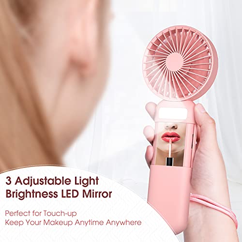 Mini Handheld Fan, Portable Fan Battery Operated, Small Personal Fan USB Rechargeable, 3 Speed Adjustable Hand Fan with Mirror & LED Fill Light, Makeup Eyelash Fan for Women Girls Travel Office