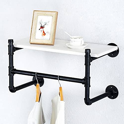 HAOVON Industrial Pipe Clothing Rack Wall Mounted Wood Shelf,Pipe Shelving Floating Shelves,Retail Garment Rack Display Rack Clothes Racks(1 Tier,24in)