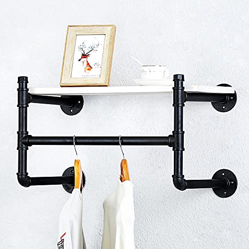 HAOVON Industrial Pipe Clothing Rack Wall Mounted Wood Shelf,Pipe Shelving Floating Shelves,Retail Garment Rack Display Rack Clothes Racks(1 Tier,24in)