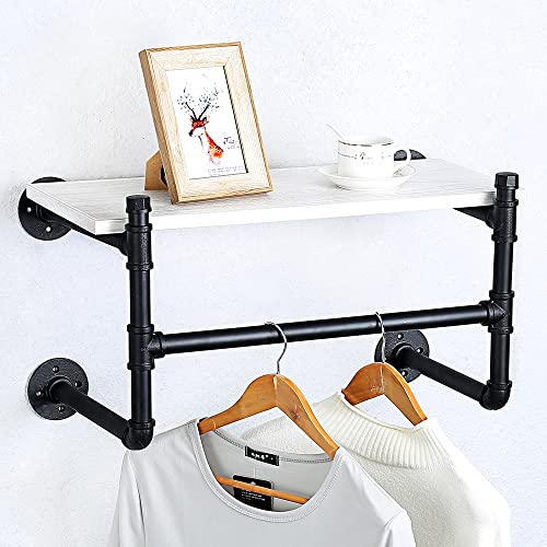 HAOVON Industrial Pipe Clothing Rack Wall Mounted Wood Shelf,Pipe Shelving Floating Shelves,Retail Garment Rack Display Rack Clothes Racks(1 Tier,24in)