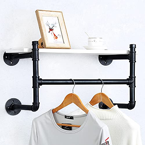 HAOVON Industrial Pipe Clothing Rack Wall Mounted Wood Shelf,Pipe Shelving Floating Shelves,Retail Garment Rack Display Rack Clothes Racks(1 Tier,24in)