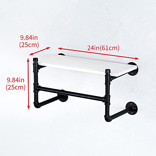 HAOVON Industrial Pipe Clothing Rack Wall Mounted Wood Shelf,Pipe Shelving Floating Shelves,Retail Garment Rack Display Rack Clothes Racks(1 Tier,24in)