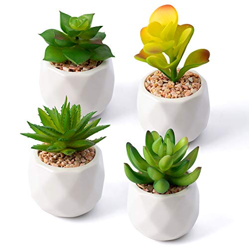 Mocoosy 4 Pack Mini Artificial Succulent Plants in Pots, Fake Succulent Set with White Ceramic Planter Pots, Faux Succulents Plants Artificial Potted for Home Office Bedroom Decorations