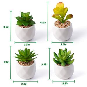 Mocoosy 4 Pack Mini Artificial Succulent Plants in Pots, Fake Succulent Set with White Ceramic Planter Pots, Faux Succulents Plants Artificial Potted for Home Office Bedroom Decorations