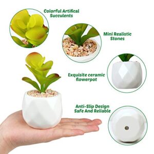 Mocoosy 4 Pack Mini Artificial Succulent Plants in Pots, Fake Succulent Set with White Ceramic Planter Pots, Faux Succulents Plants Artificial Potted for Home Office Bedroom Decorations