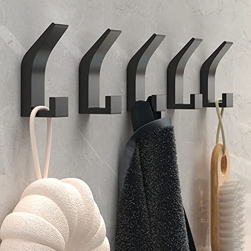 WANYD Small Towel Hooks for Bathrooms 6 Pack, Glue on not Screw, Black Modern Coat Hooks Adhesive Wall Hooks, Waterproof Bath Robe Hook for Hanging Clothes, Hat, Key