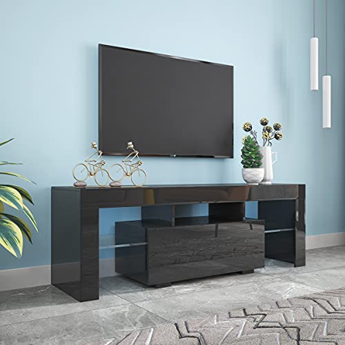 DMAITH Black Modern LED TV Stand for 50 55 60 Inch TV, High Gloss Gaming Entertainment Center with Large Storage Drawers, TV Media Center with Display Glass Shelves for Living Room, Bedroom