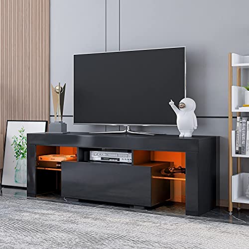 DMAITH Black Modern LED TV Stand for 50 55 60 Inch TV, High Gloss Gaming Entertainment Center with Large Storage Drawers, TV Media Center with Display Glass Shelves for Living Room, Bedroom