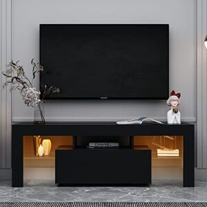 DMAITH Black Modern LED TV Stand for 50 55 60 Inch TV, High Gloss Gaming Entertainment Center with Large Storage Drawers, TV Media Center with Display Glass Shelves for Living Room, Bedroom