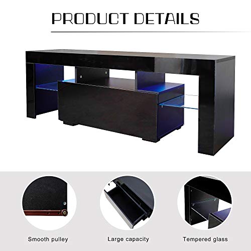 DMAITH Black Modern LED TV Stand for 50 55 60 Inch TV, High Gloss Gaming Entertainment Center with Large Storage Drawers, TV Media Center with Display Glass Shelves for Living Room, Bedroom