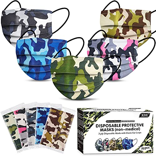 Kids Disposable Face Masks With Design, 50 PCS Individually Wrapped Masks for Boys and Girls, 3-ply Large Size For Children’ Care - 5 Camo Patterns