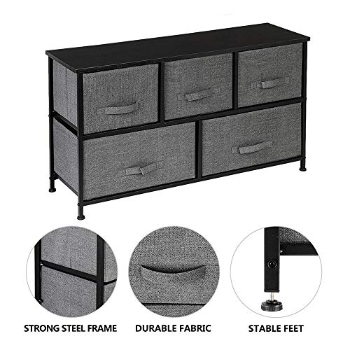 IVIAMK 2-Tier Wide Closet Dresser, Nursery Dresser Tower with 5 Easy Pull Fabric Drawers and Metal Frame, Multi-Purpose Organizer Unit for Closets, Dorm Room, Living Room, Hallway, Grey