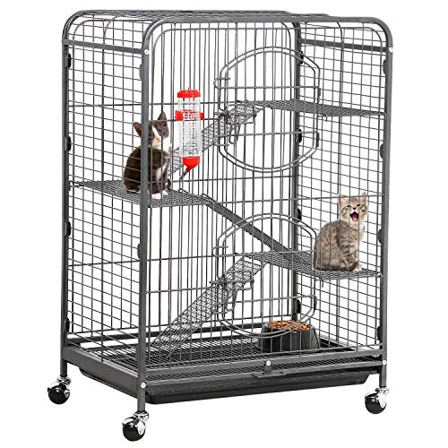 Yaheetech 37 inch Metal Cat Kitten Cage Small Animals Hutch w/ 2 Front Doors/Feeder/Wheels Indoor Outdoor,Black