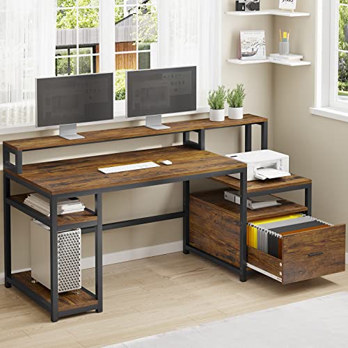 SEDETA Home Office Desk with File Drawer, 66'' Large Computer Desk with Hutch, Storage Shelves, Printer Cabinet and Monitor Shelf, Computer Table Study Writing Desk Workstation, Rustic Brown