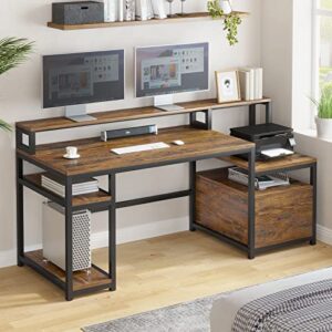 SEDETA Home Office Desk with File Drawer, 66'' Large Computer Desk with Hutch, Storage Shelves, Printer Cabinet and Monitor Shelf, Computer Table Study Writing Desk Workstation, Rustic Brown