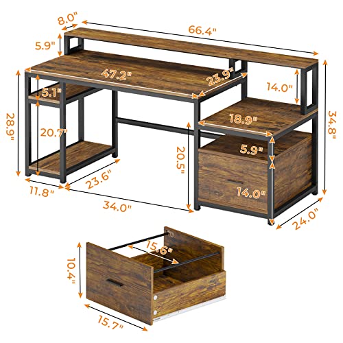 SEDETA Home Office Desk with File Drawer, 66'' Large Computer Desk with Hutch, Storage Shelves, Printer Cabinet and Monitor Shelf, Computer Table Study Writing Desk Workstation, Rustic Brown